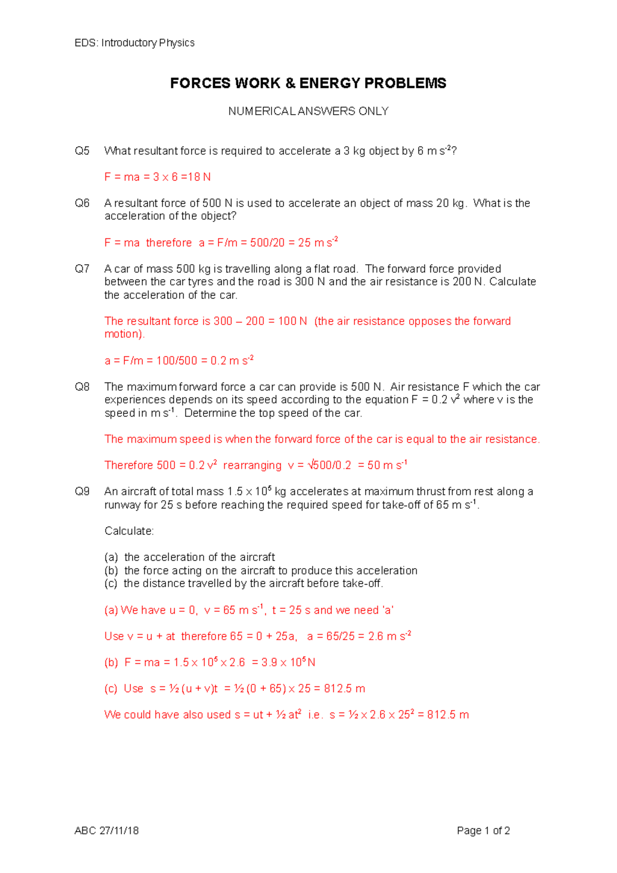 Force Work Energy problems Answers - EDS: Introductory Physics FORCES ...