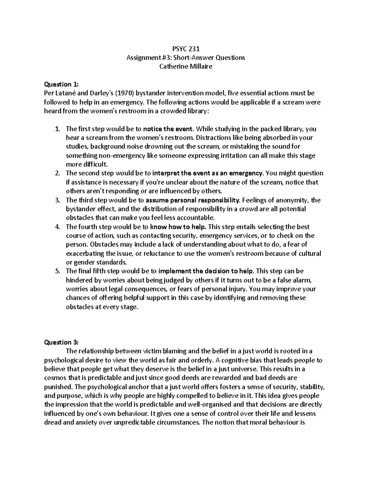 Psyc 231 - assignment 3 - PSYC 231 Assignment #3: Short-Answer Questions Catherine Millaire ...