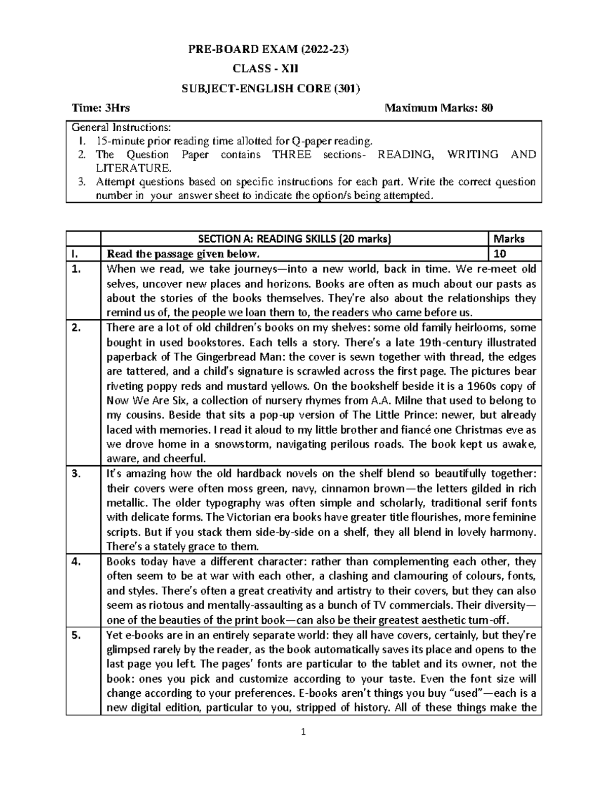 XII English QP - PRE-BOARD EXAM (2022-23) CLASS - XII SUBJECT-ENGLISH ...