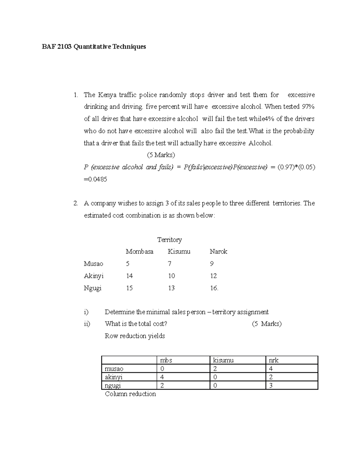 QT 2 - Progress Assignments - BAF 2103 Quantitative Techniques The Kenya traffic police randomly ...