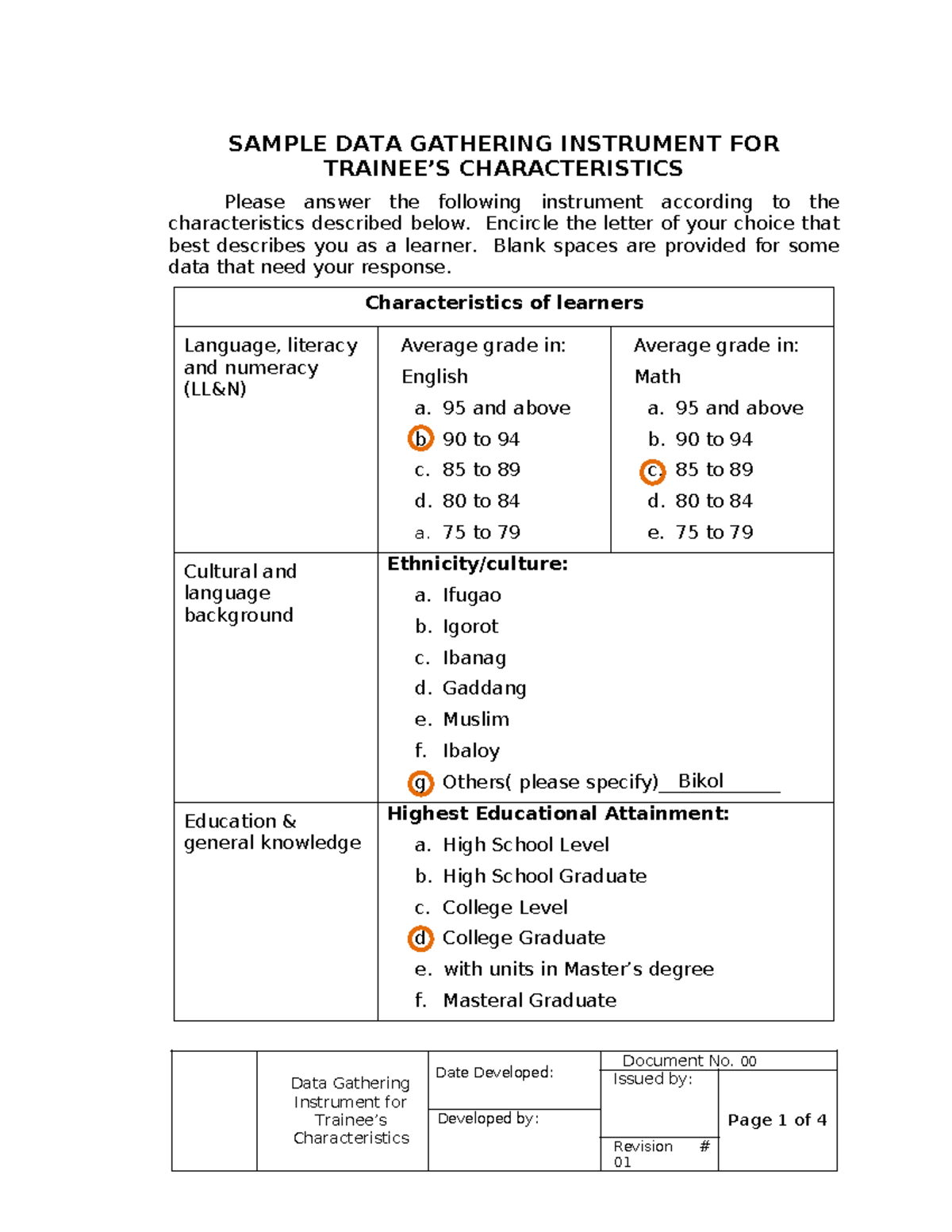 DATA Gathering Instrument - SAMPLE DATA GATHERING INSTRUMENT FOR ...