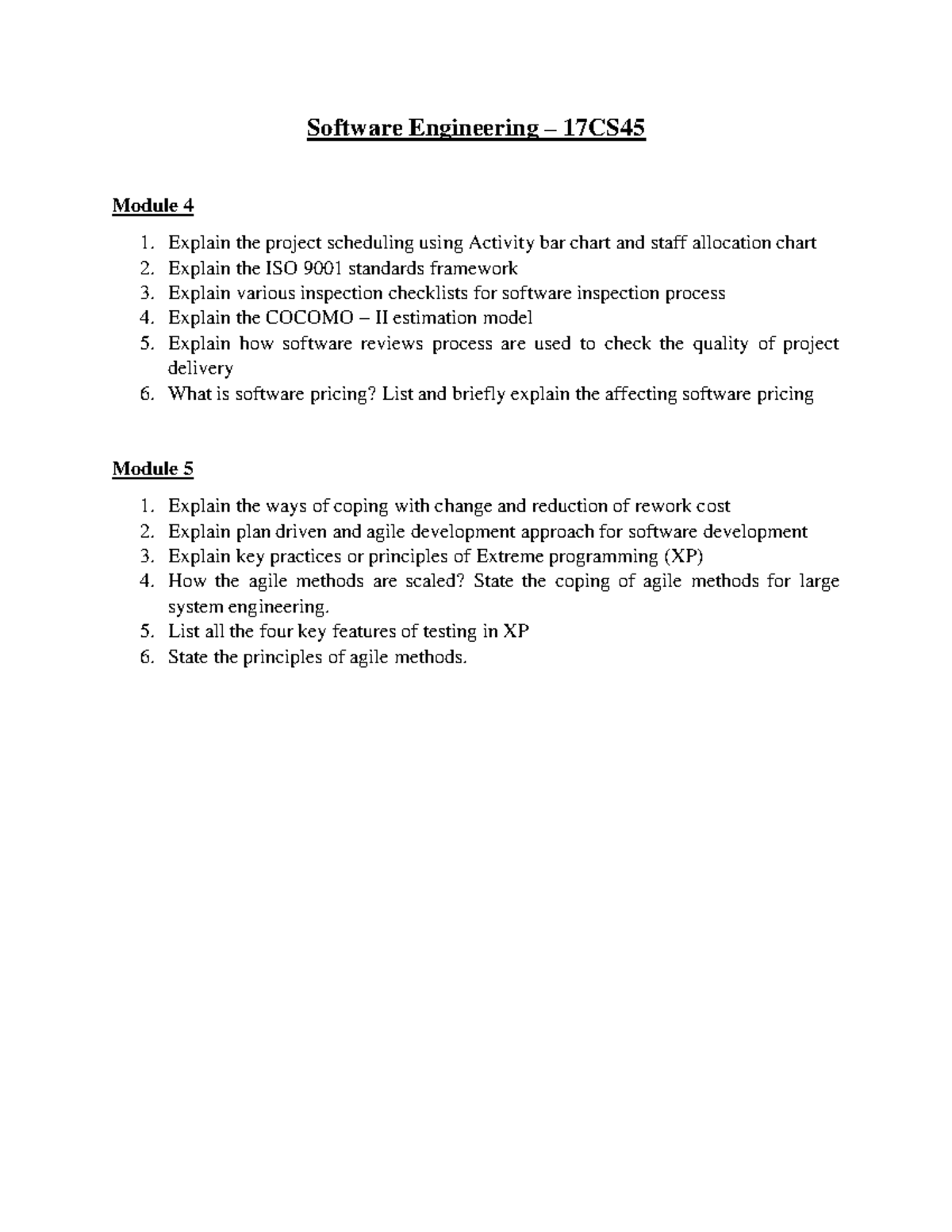 SOFTWARE ENGINEERING MODULE WISE QUESTIONS - Software Engineering ...