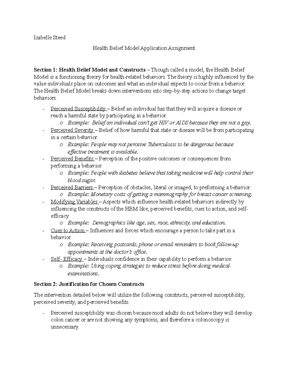 HBM Application Assignmnet - Isabelle Steed Health Belief Model Application Assignment Section 1 ...