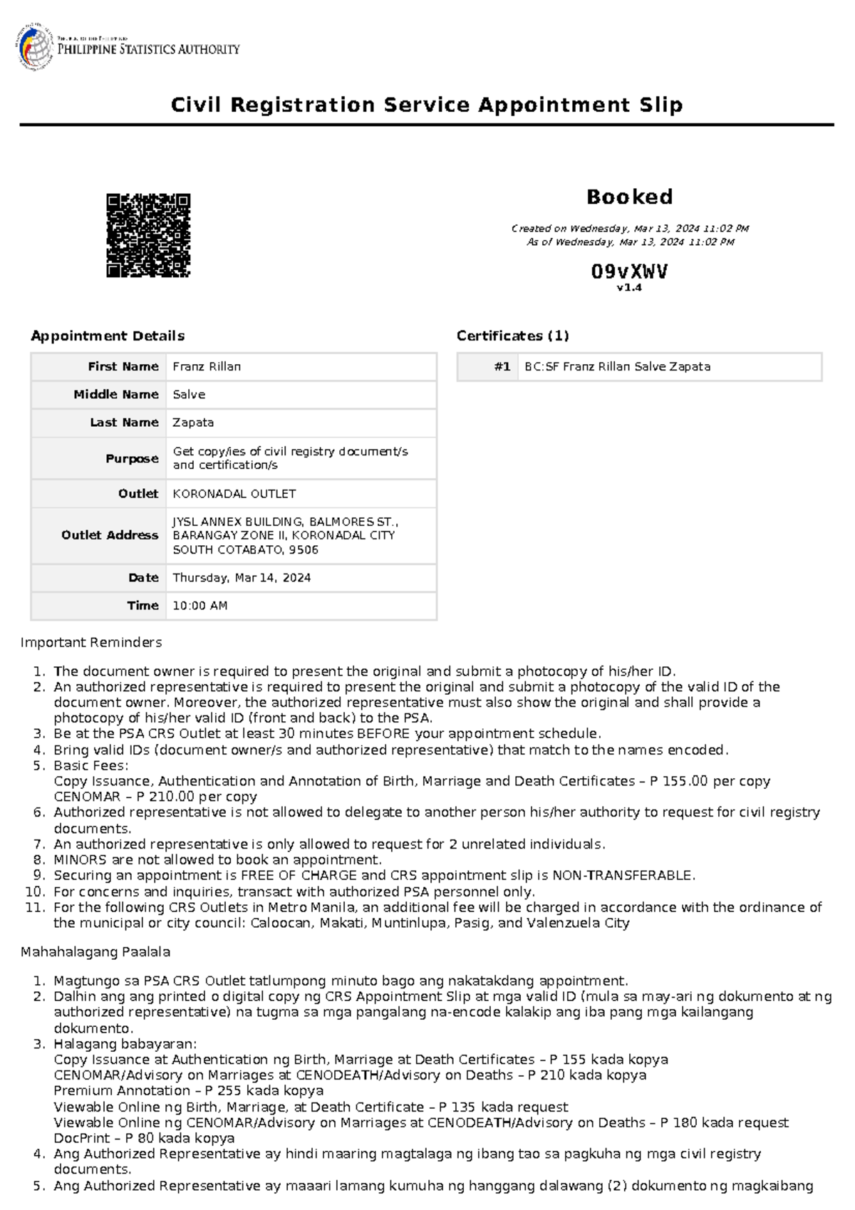 Document - Civil Registration Service Appointment Slip Booked Created ...