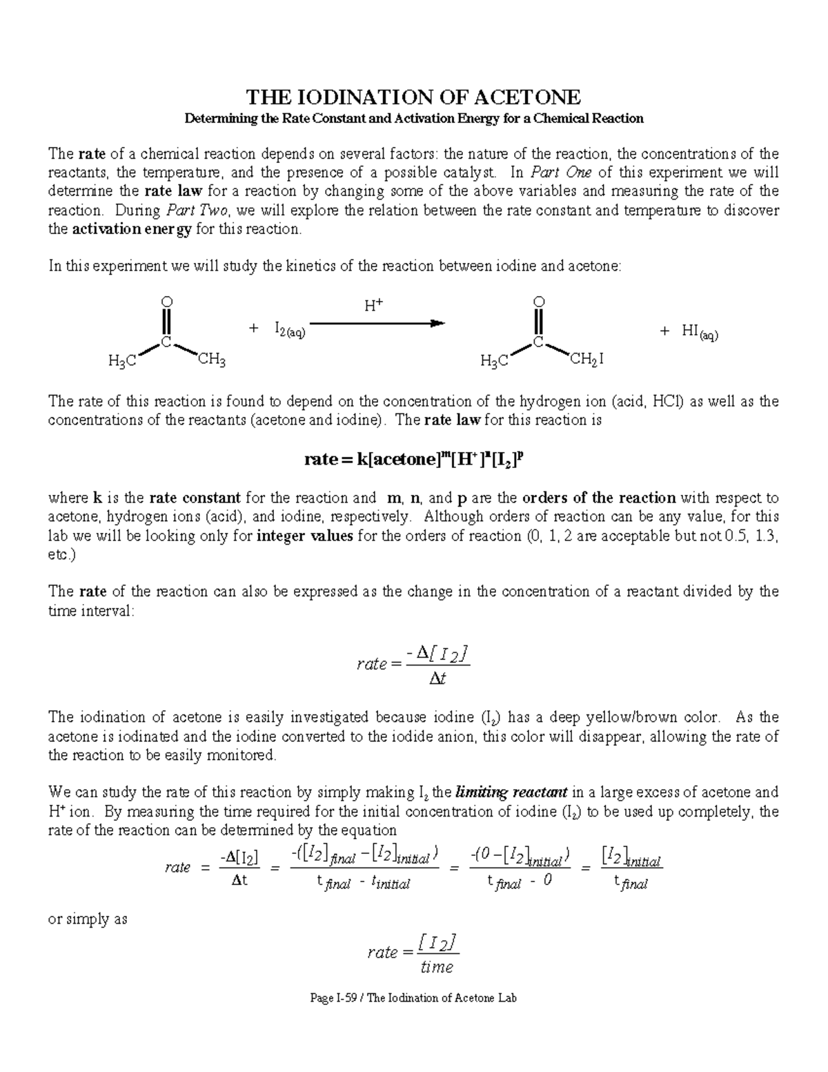 Kinetics - Lab report - ¬ THE IODINATION OF ACETONE Determining the ...