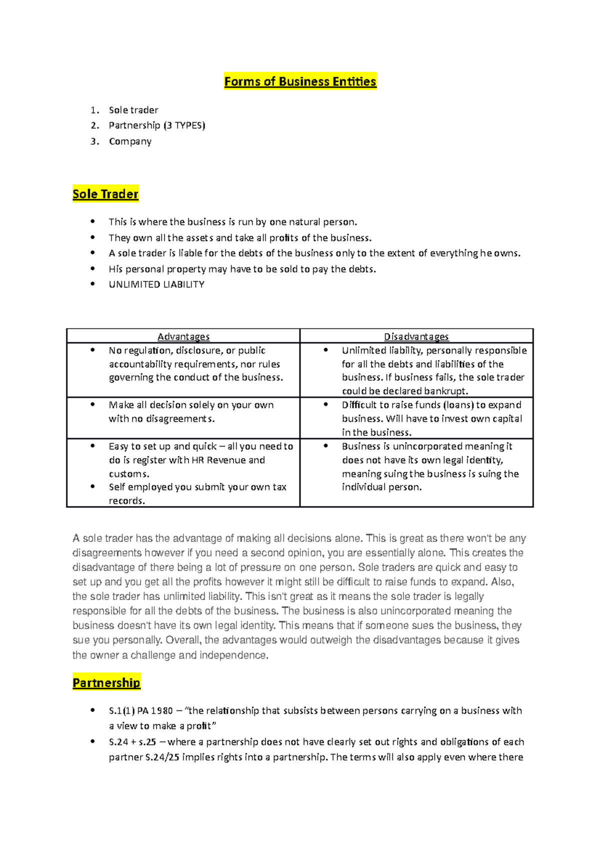 Forms of Business Entities - Forms of Business Eniies Sole trader ...