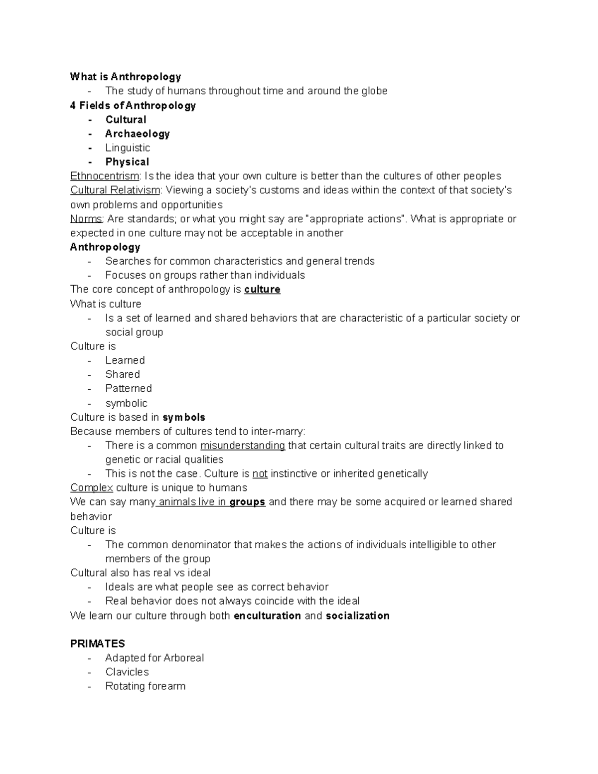 ANTH Notes - Human evolution. What anthropology is about, culture, the ...