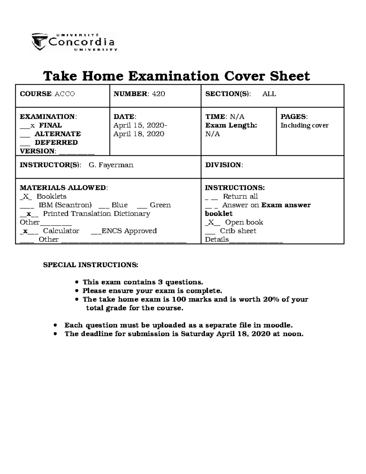 Final W 2020 Take home assignment - Take Home Examination Cover Sheet ...