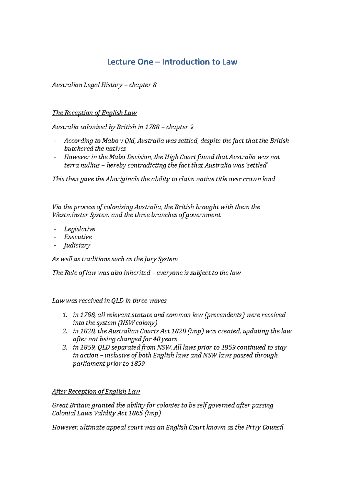 Lecture One – Study Notes - Lecture One – Introduction to Law ...