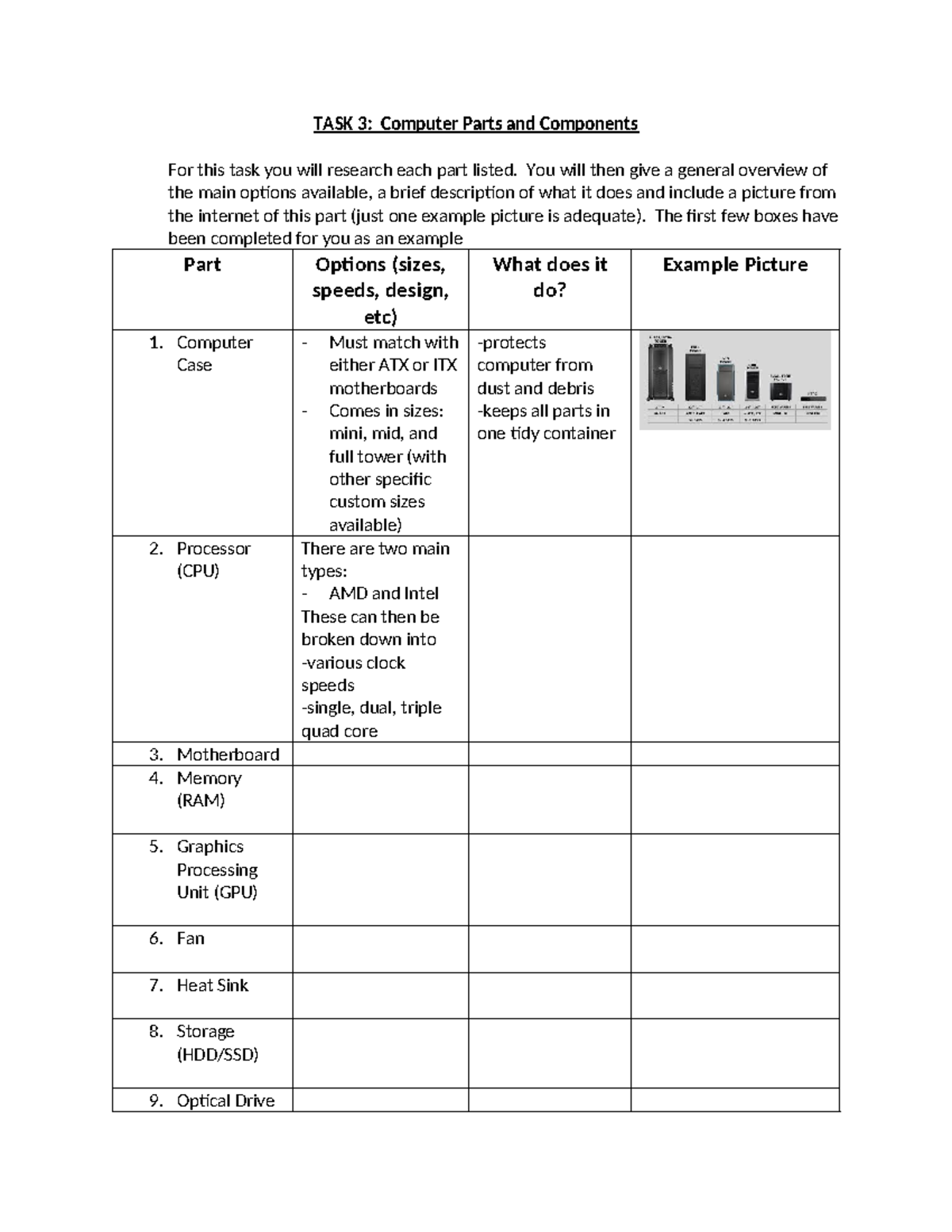 Computer Parts and Component Worksheet - TASK 3: Computer Parts and ...