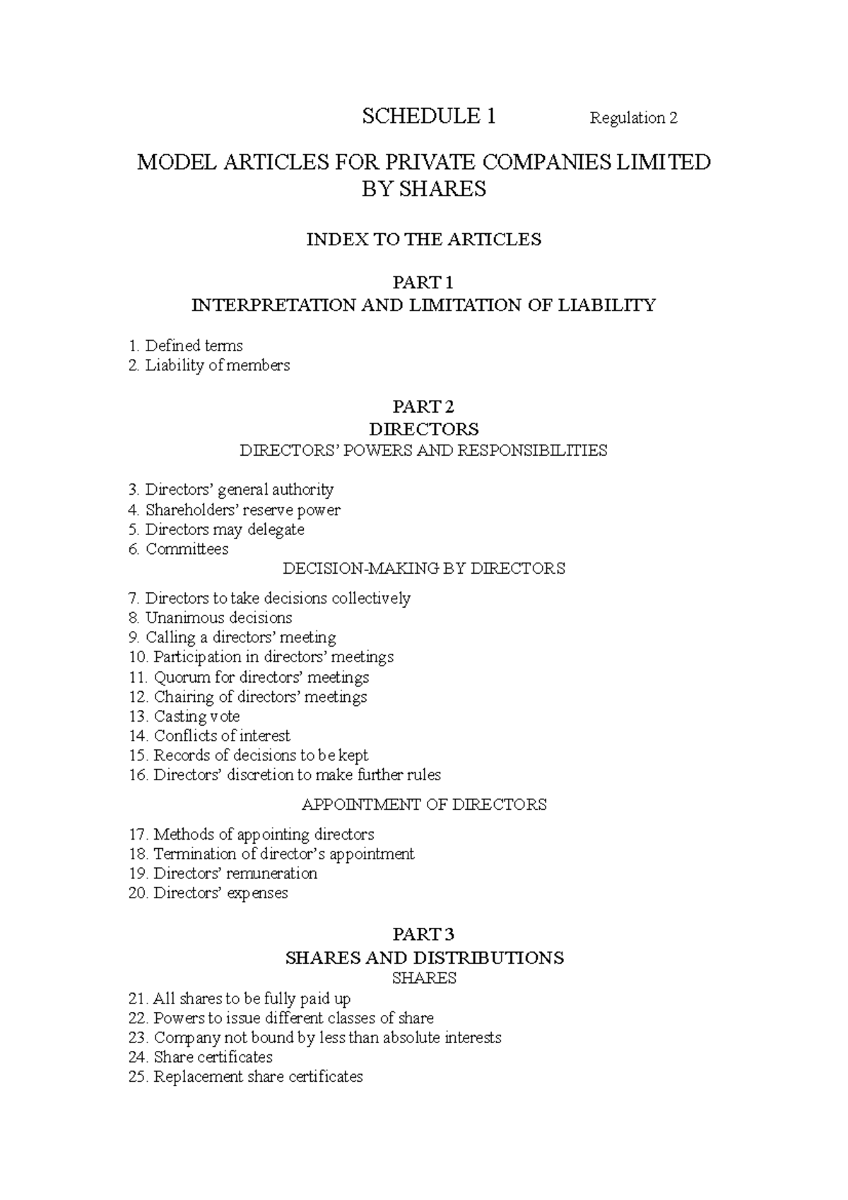Model articles private ltd by shares after 28April 2013 - SCHEDULE 1 ...