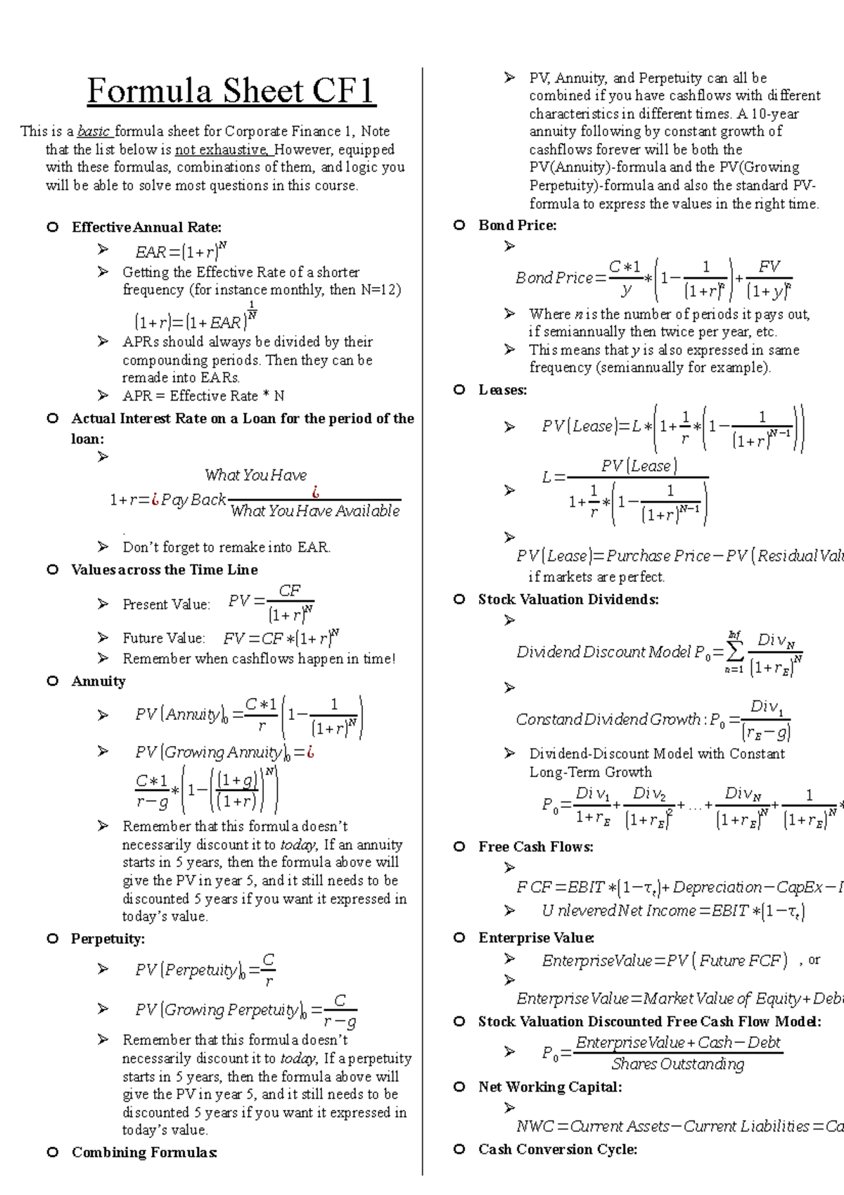 Formula Sheet CF1 - Formula Sheet CF This is a basic formula sheet for ...