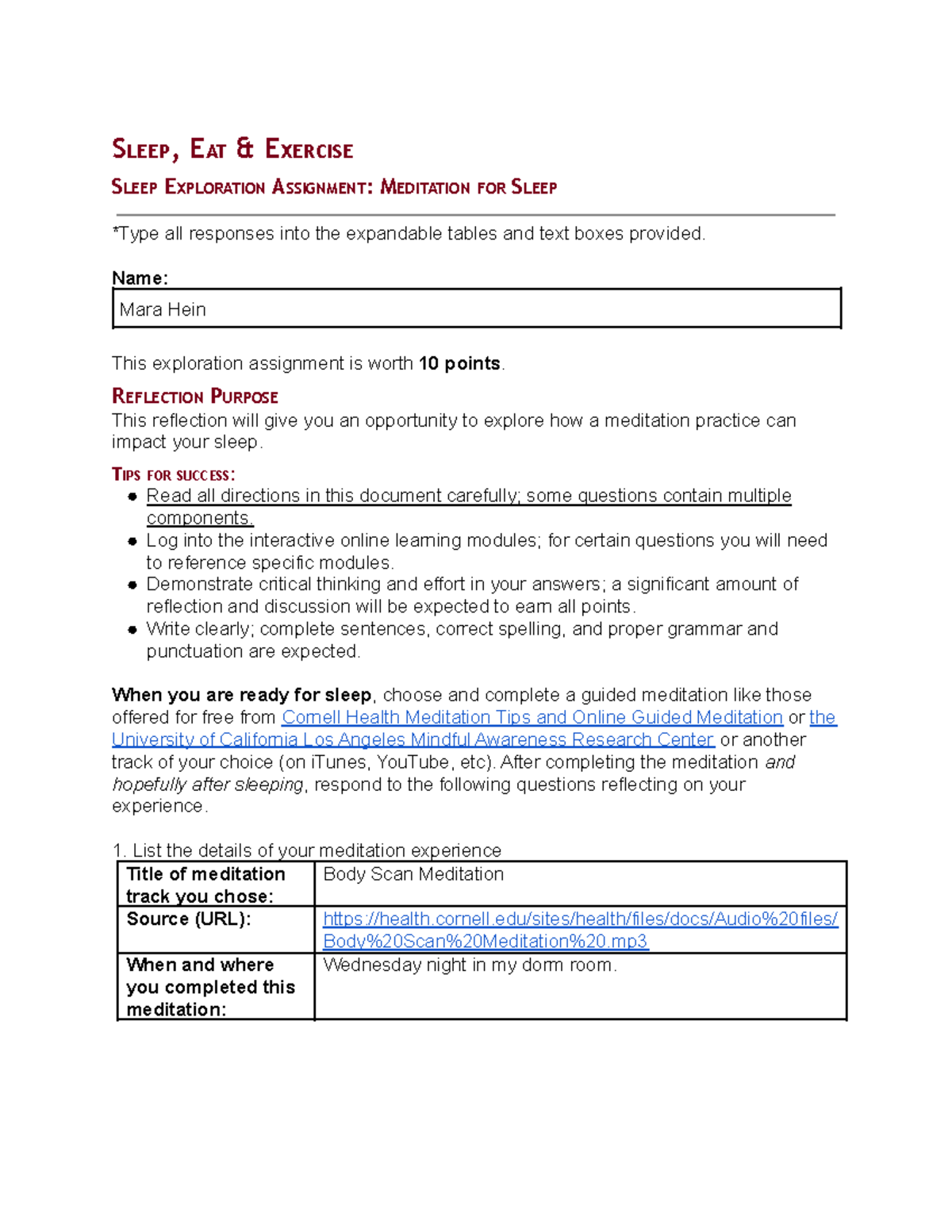 Copy of SEE Sleep Exploration Assignment Meditation for Sleep - SLEEP ...
