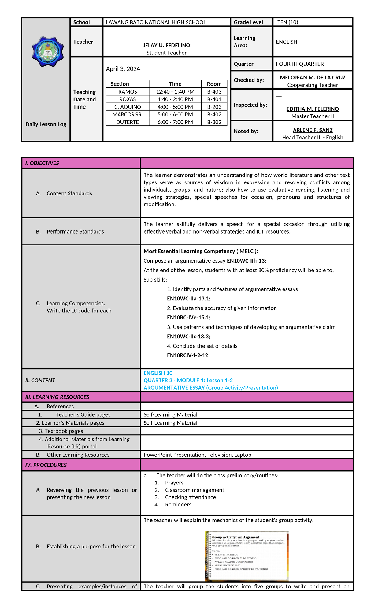 Day 4 lesson 1-2 - School Paper - Daily Lesson Log School LAWANG BATO ...