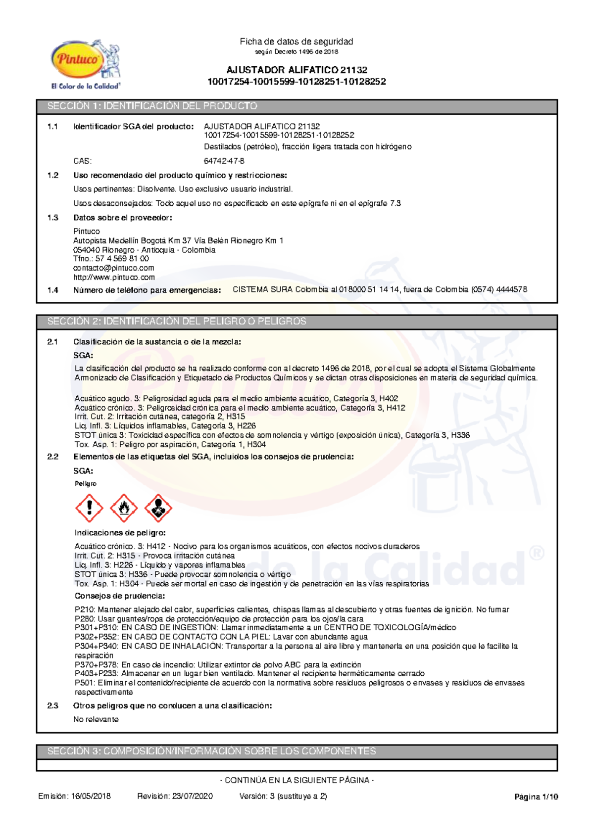 FDS Disolvente varsol Pintuco - AJUSTADOR ALIFATICO 21132 10017254 ...