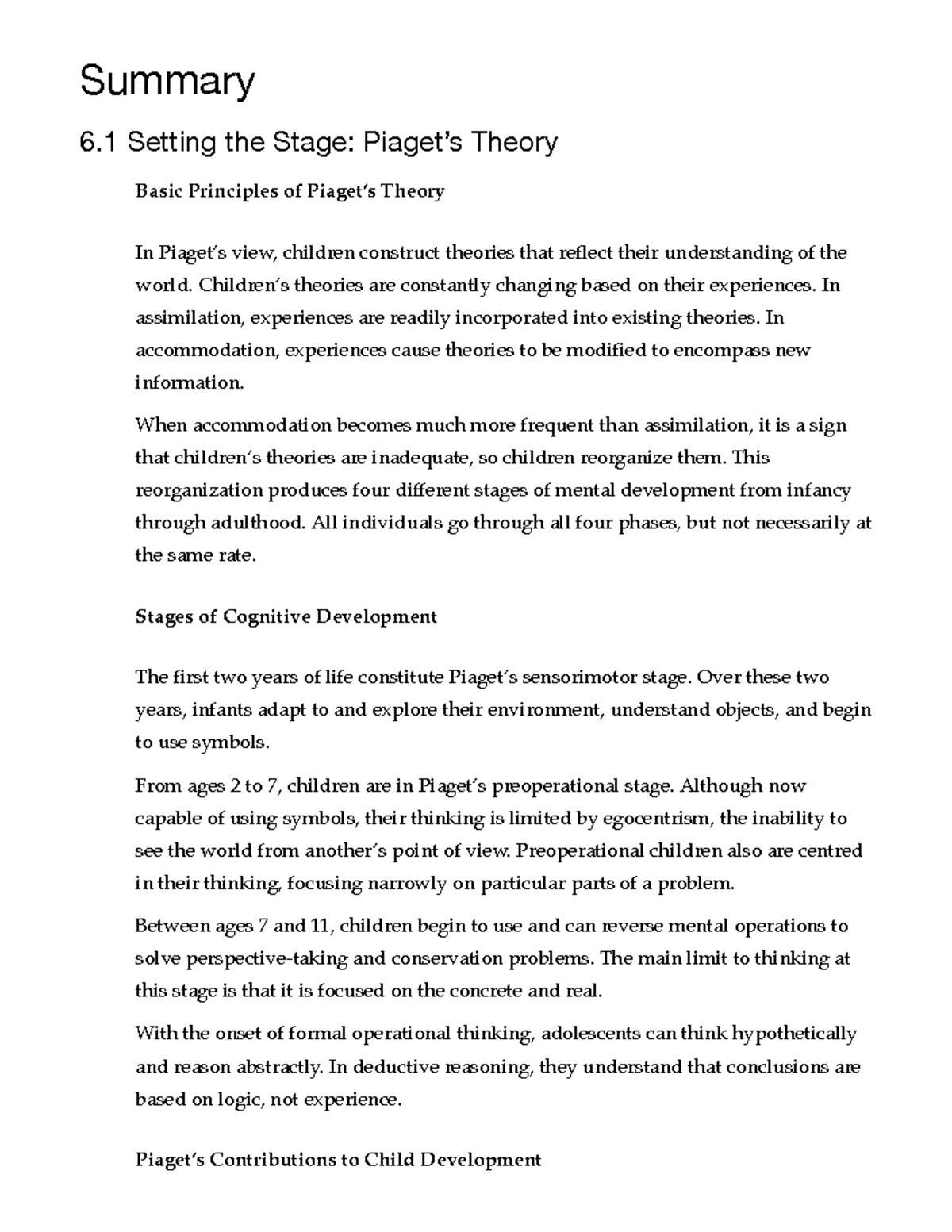 Chapter 6 Theories of Cognitive Development - Summary 6 Setting the ...