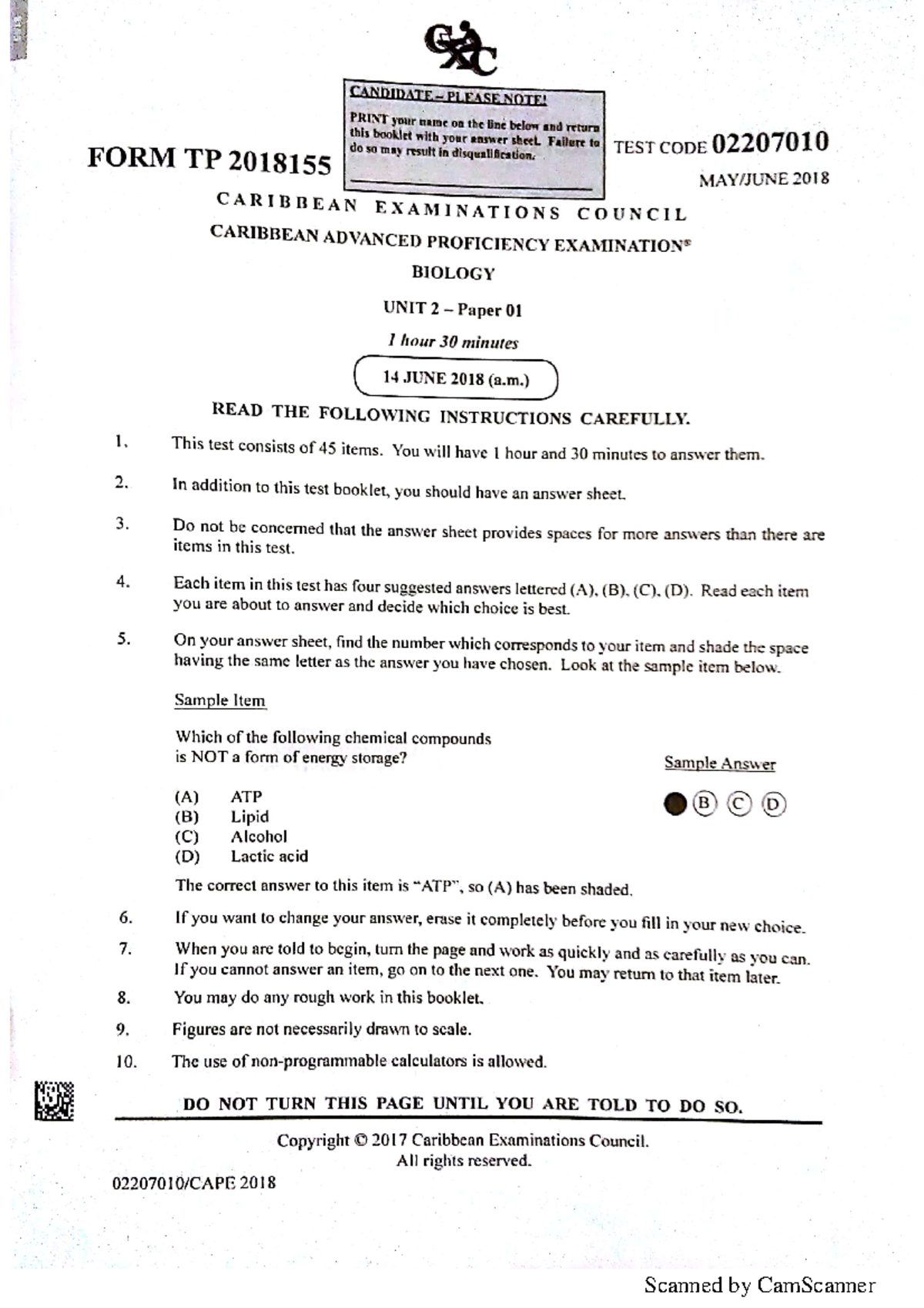 Cape Biology 2018 U2 P1 Practice Mcq Chemistry Studocu