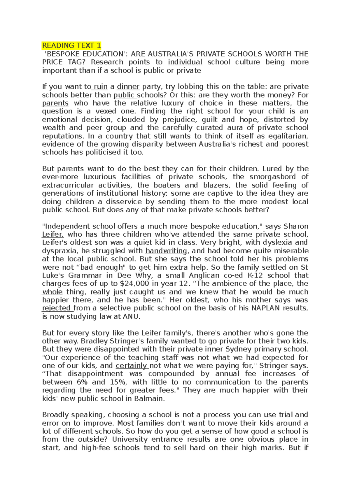 English - READING TEXT 1 'BESPOKE EDUCATION': ARE AUSTRALIA'S PRIVATE ...