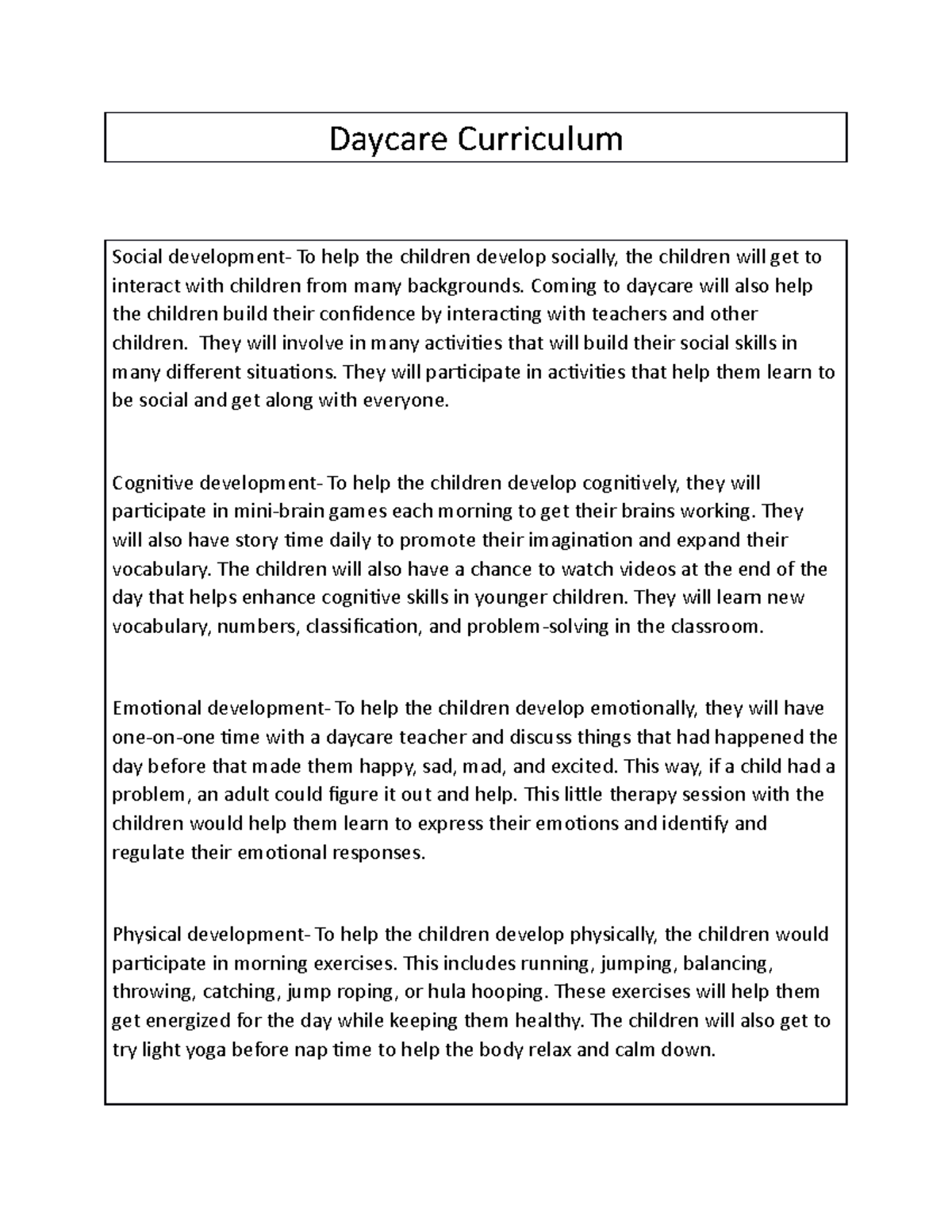 Daycare Curriculum - examples - Daycare Curriculum Social development ...