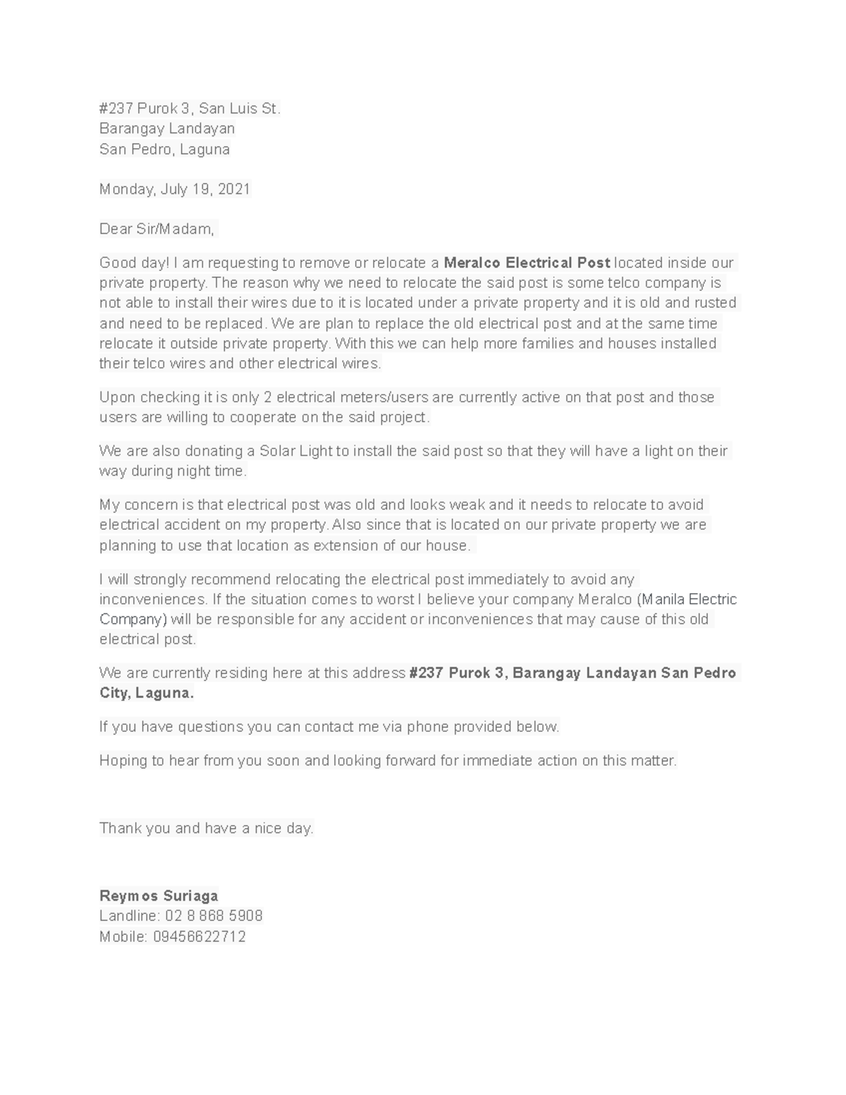 Revised Electrical Post Relocation Request Letter 237 Purok 3 San