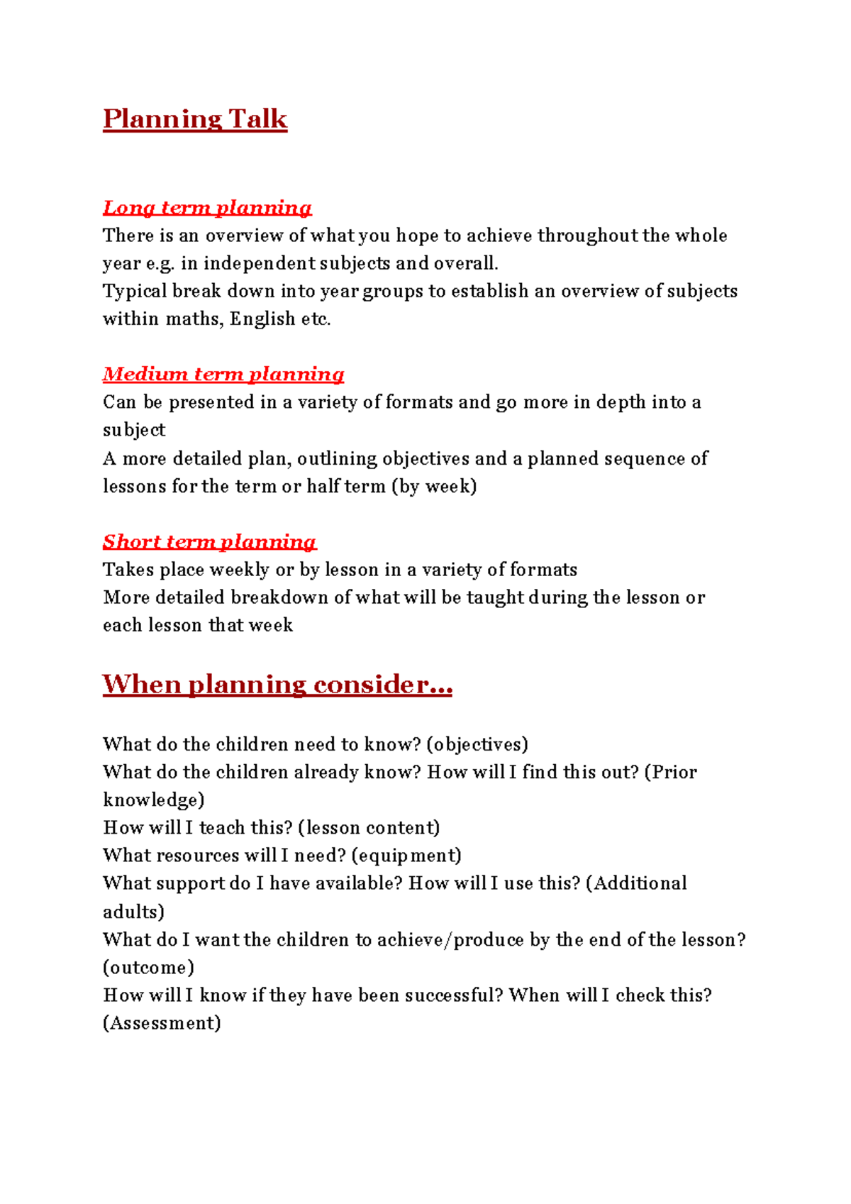 Planning Talk Lecture 3 (Year 1) - Planning Talk Long term planning ...