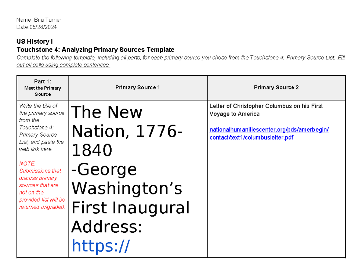 US History I Touchstone 4 complete - Name: Bria Turner Date:05/28/ US ...