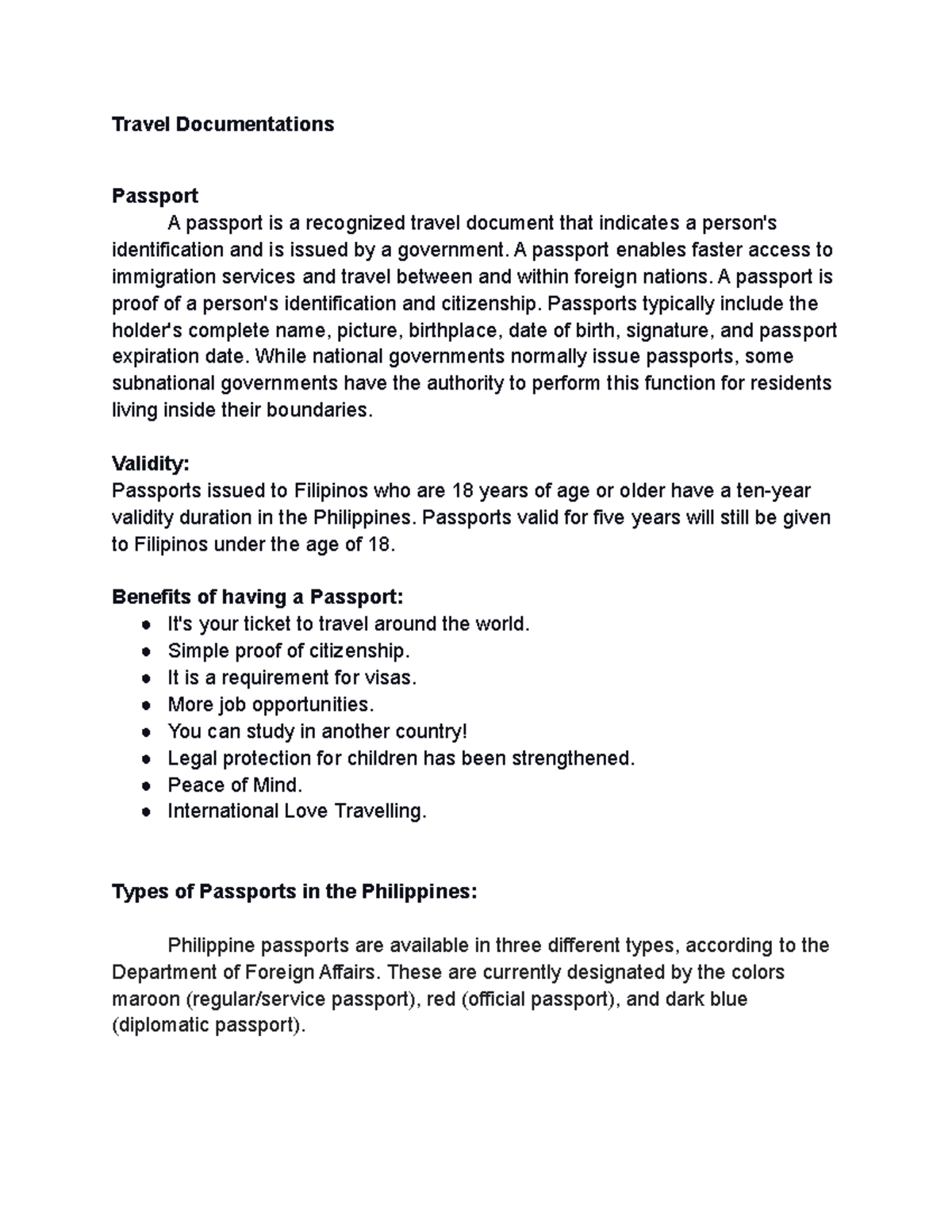 Travel Documentations - Travel Documentations Passport A passport is a ...