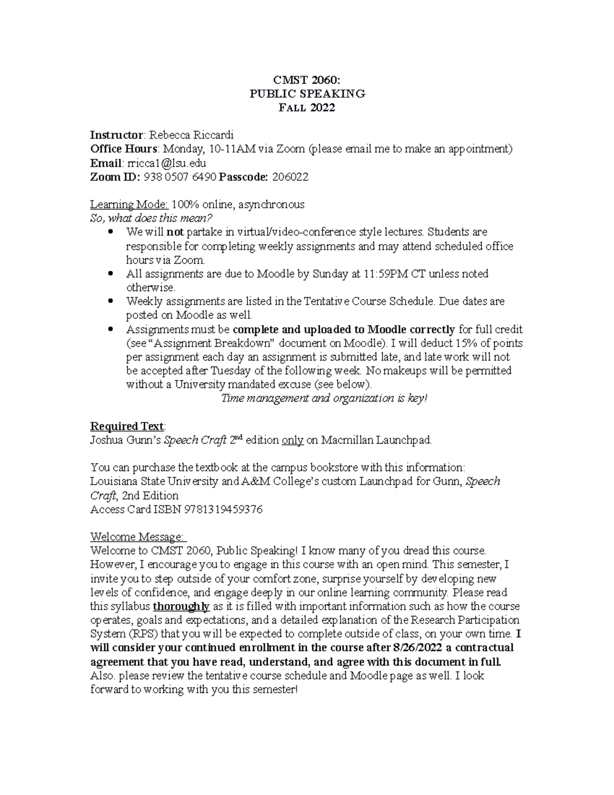LSU CMST 2060 Syllabus Fall 2022 Riccardi - CMST 2060: PUBLIC SPEAKING ...