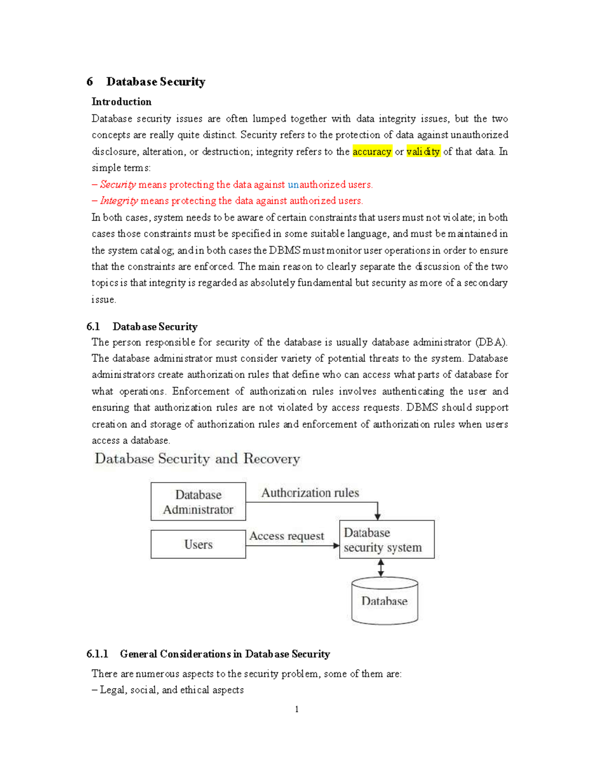 Lesson 06-Database Security - 1 6 Database Security Introduction Database security issues are ...