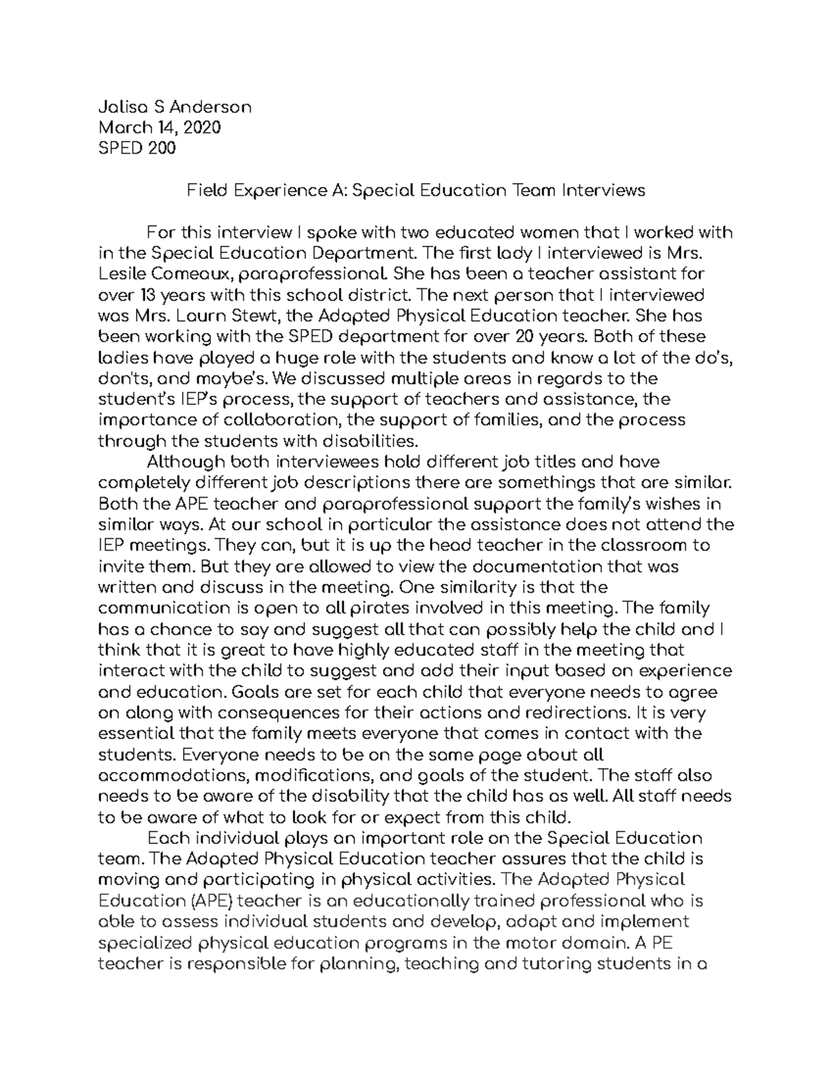 SPED 200- Week 3 Field Experience A A Special Education Team Interview ...