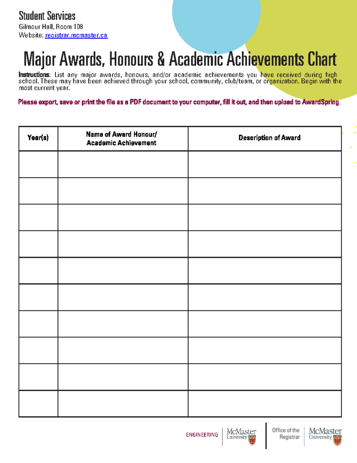 Achievement chart (MAC) - Year(s) Name of Award Honour/ Academic ...