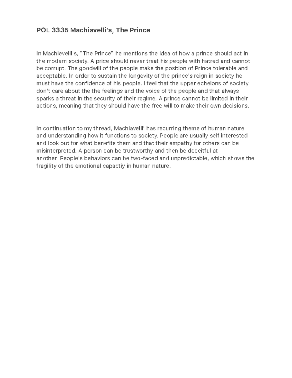 POL 3335 Machiavelli's, The Prince - POL 3335 - Baruch College - Studocu