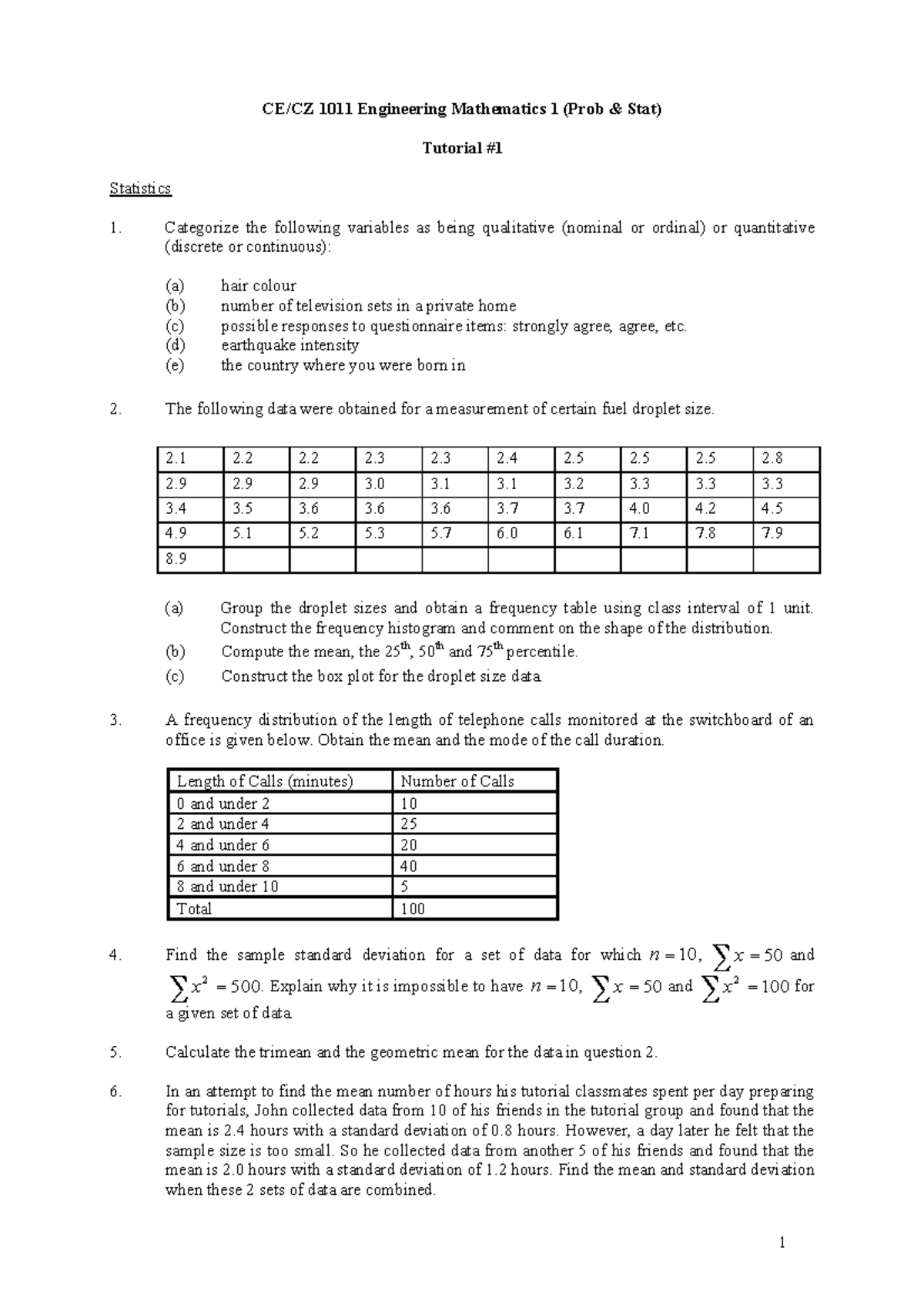 Tutorial 5 - Statistics - 1 CE/CZ 1011 Engineering Mathematics 1 (Prob ...