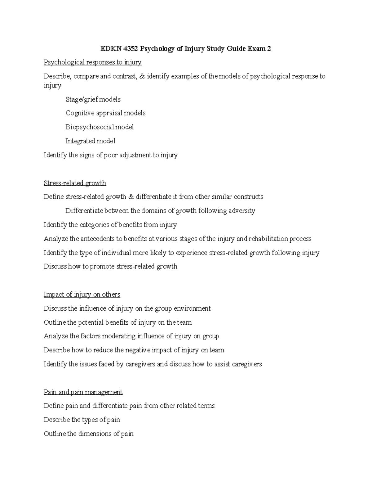 Psychology of Injury Study Guide Exam 2 - Studocu