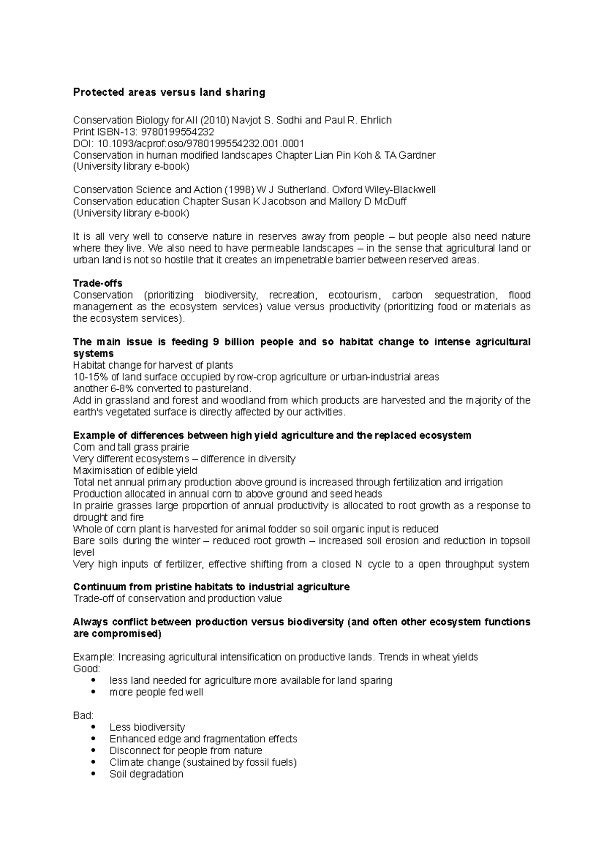 61 Protected areas versus land sharing Notes - Protected areas versus ...