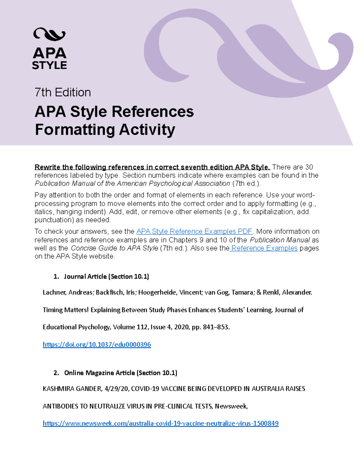 References-formatting-activity - 7th Edition APA Style References ...