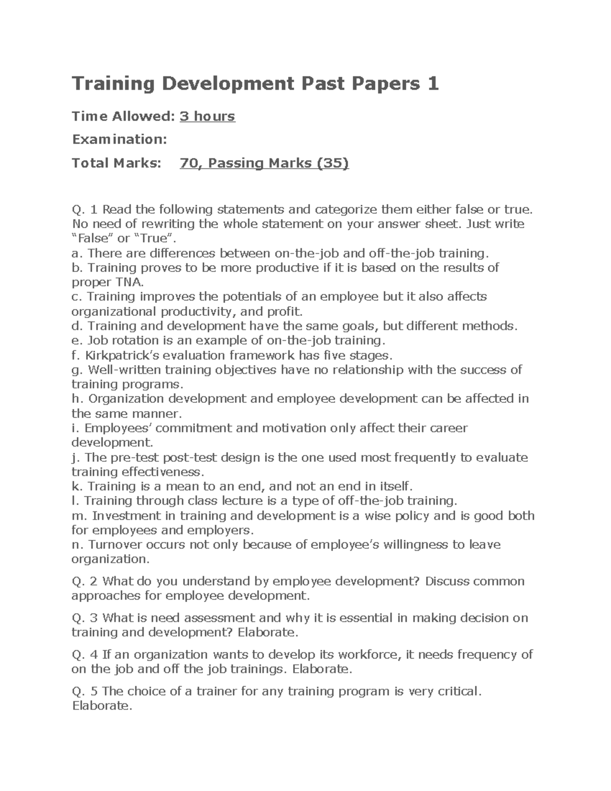 Training Development sample paper for final - Training Development Past ...