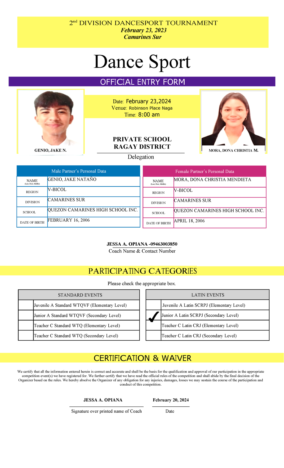 Entry FORM Dance Sports Latin Private School Ragay District - MALE 2 ...