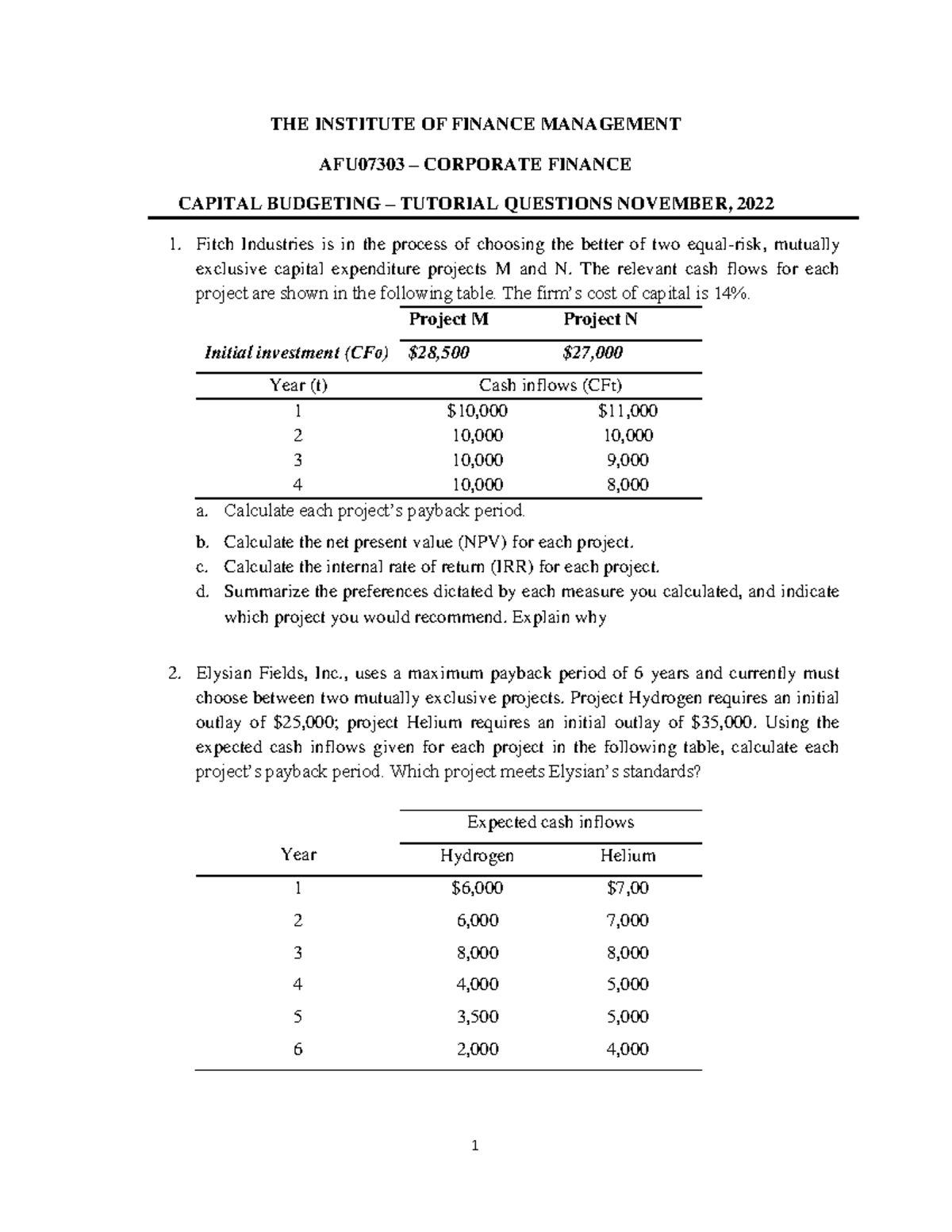 Tutorial- Capital Budgeting-2022 - 1 THE INSTITUTE OF FINANCE ...