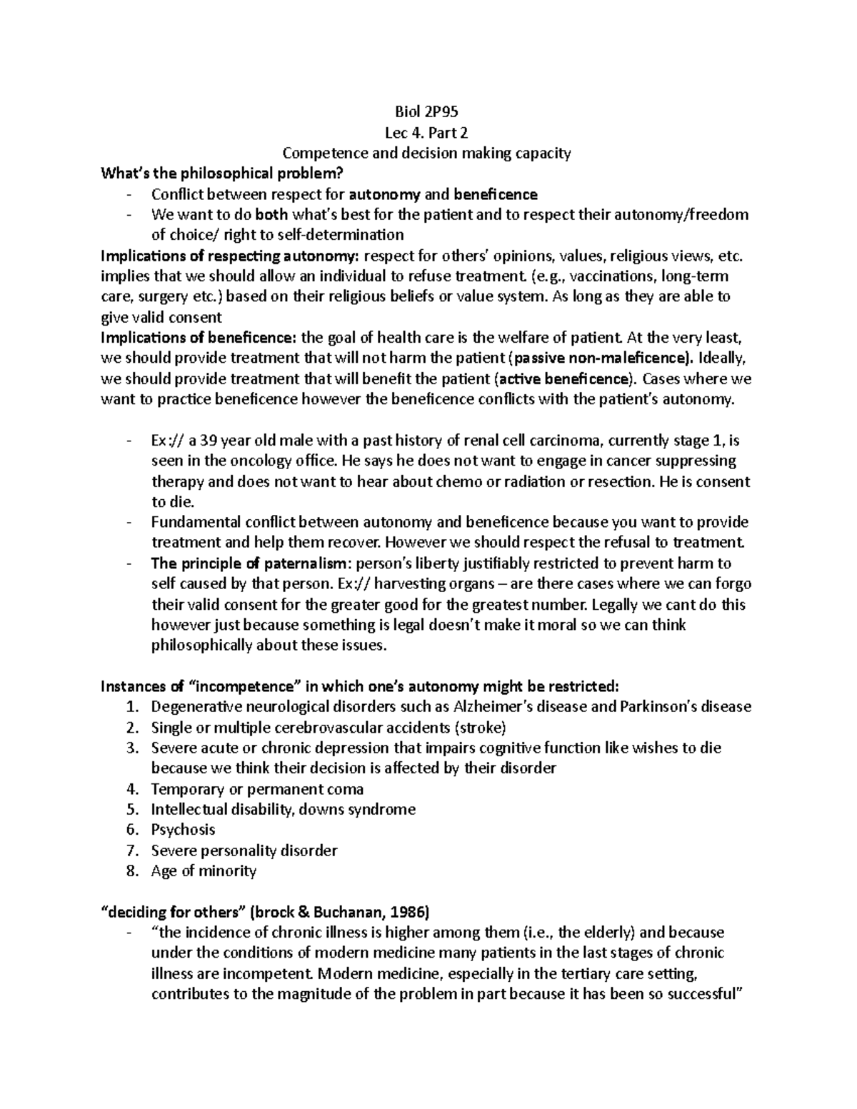 Competence & Decision-making Capacity - Lec 4 part2 - Biol 2P Lec 4 ...