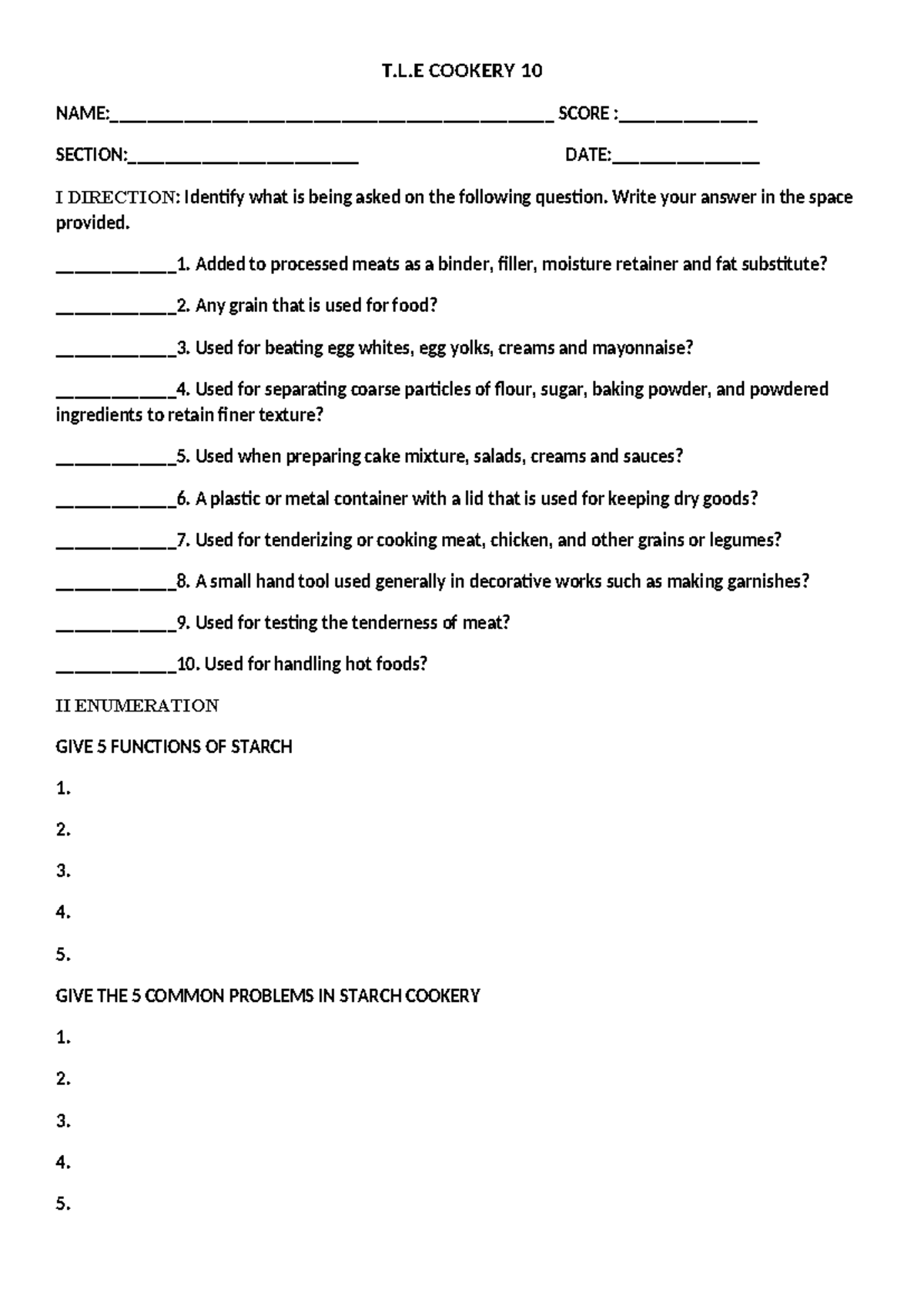 Cookery 20 ITEM QUIZ - quiz - T.L COOKERY 10 NAME