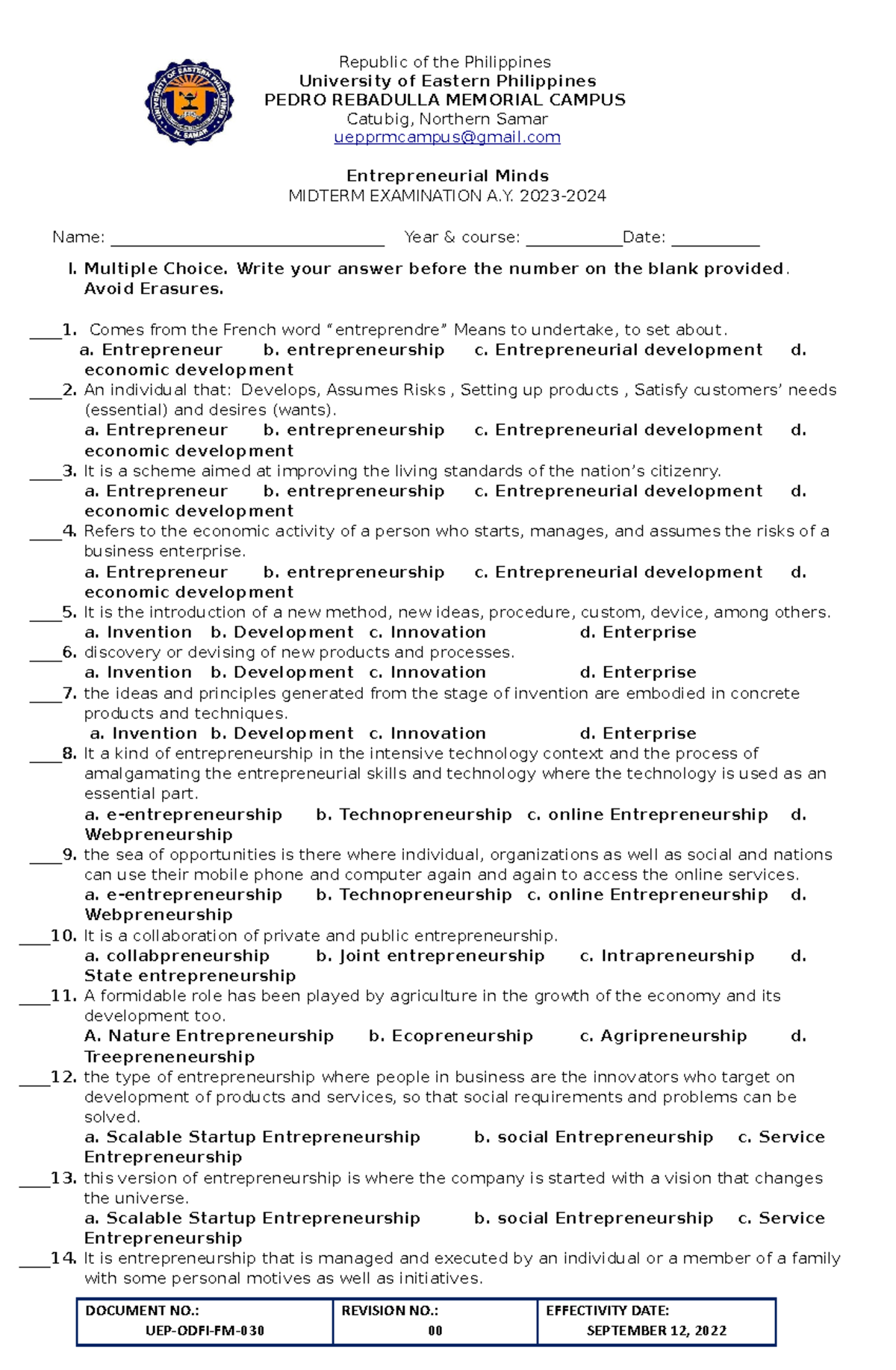 Entrep Minds test paper - Republic of the Philippines University of ...