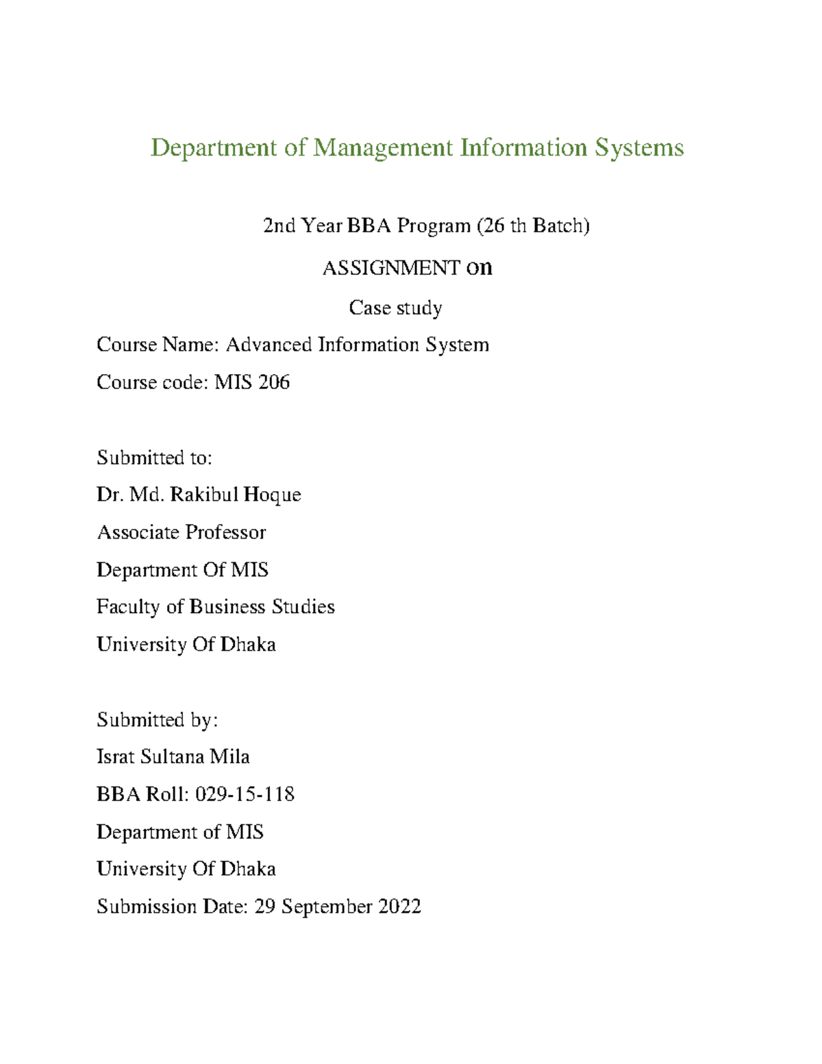 AIS case study - Department of Management Information Systems 2nd Year ...