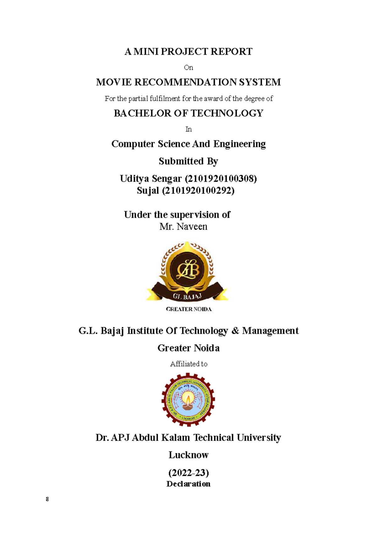 Mini project 1 - A MINI PROJECT REPORT On MOVIE RECOMMENDATION SYSTEM ...
