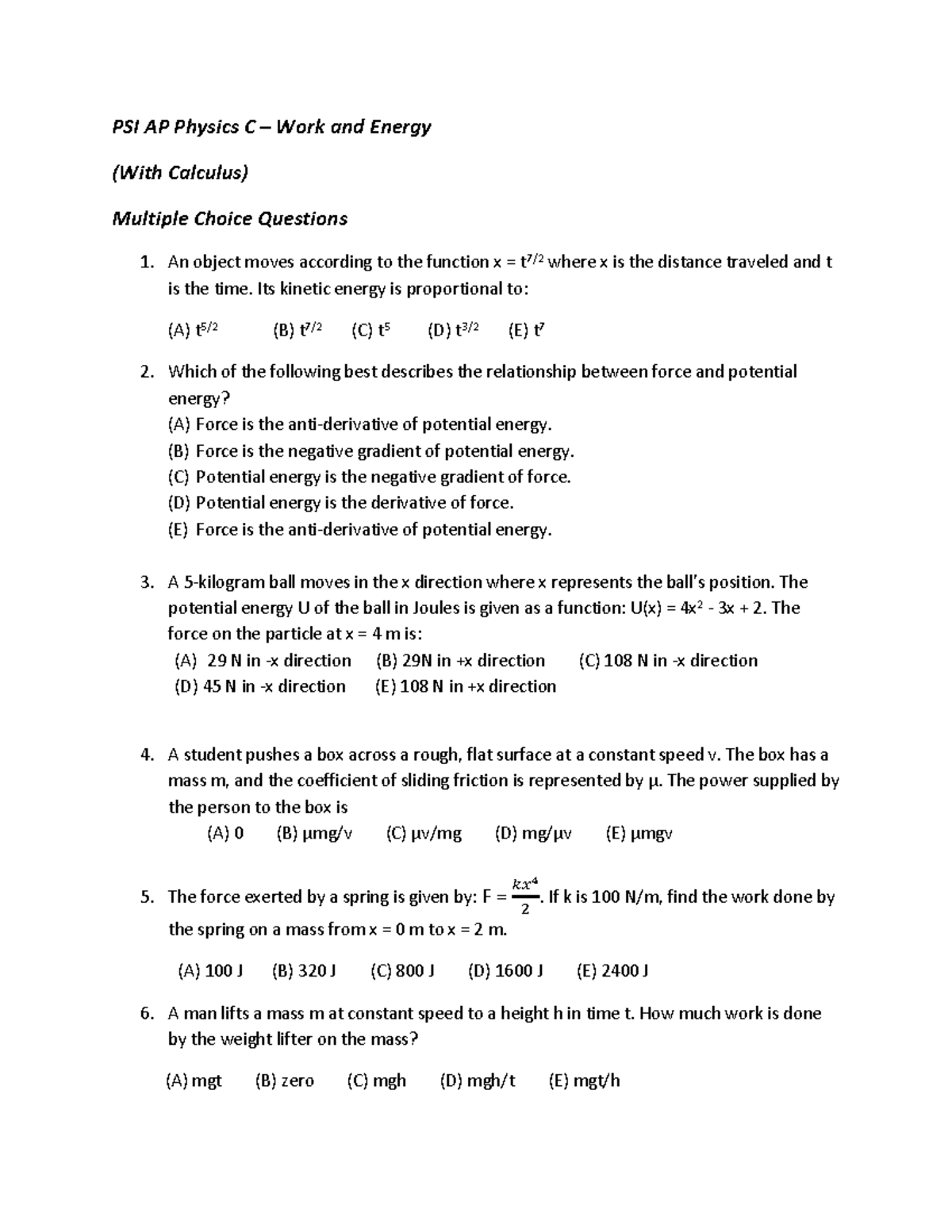 Work energy multiple choice calculus based 2015 11 18 - PSI AP Physics ...