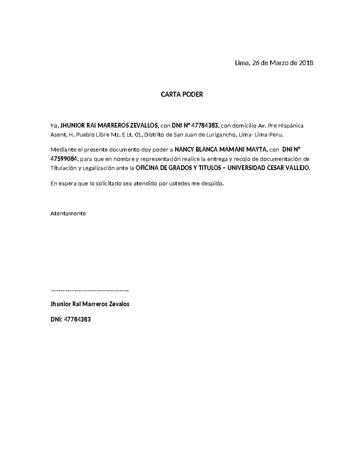 Carta poder simple - GBYYGY - Lima, 26 de Marzo de 2018 CARTA PODER Yo ...