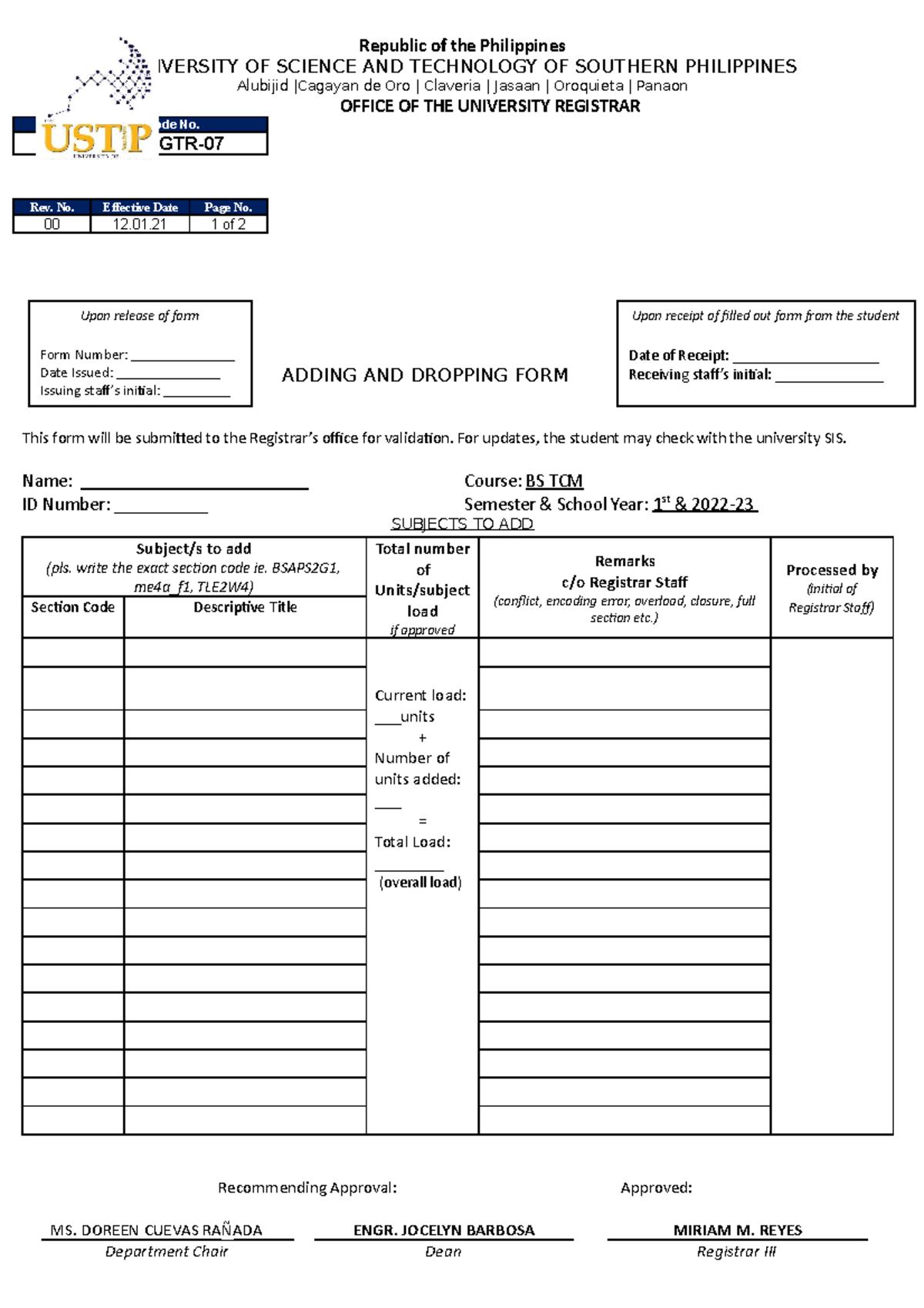 Adding-Dropping-Form - Republic of the Philippines UNIVERSITY OF ...