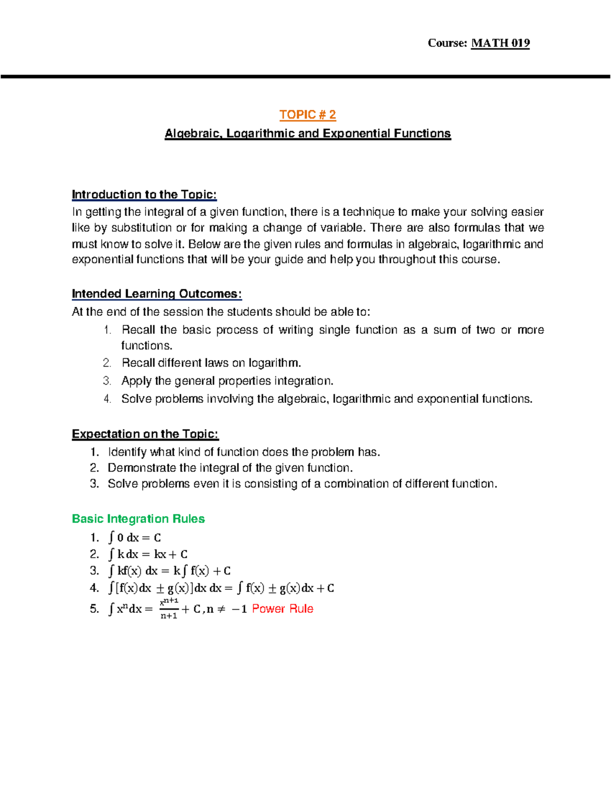 Algebraic ,Logarithmic and Exponential Functions - Calculus 2 - TIP ...