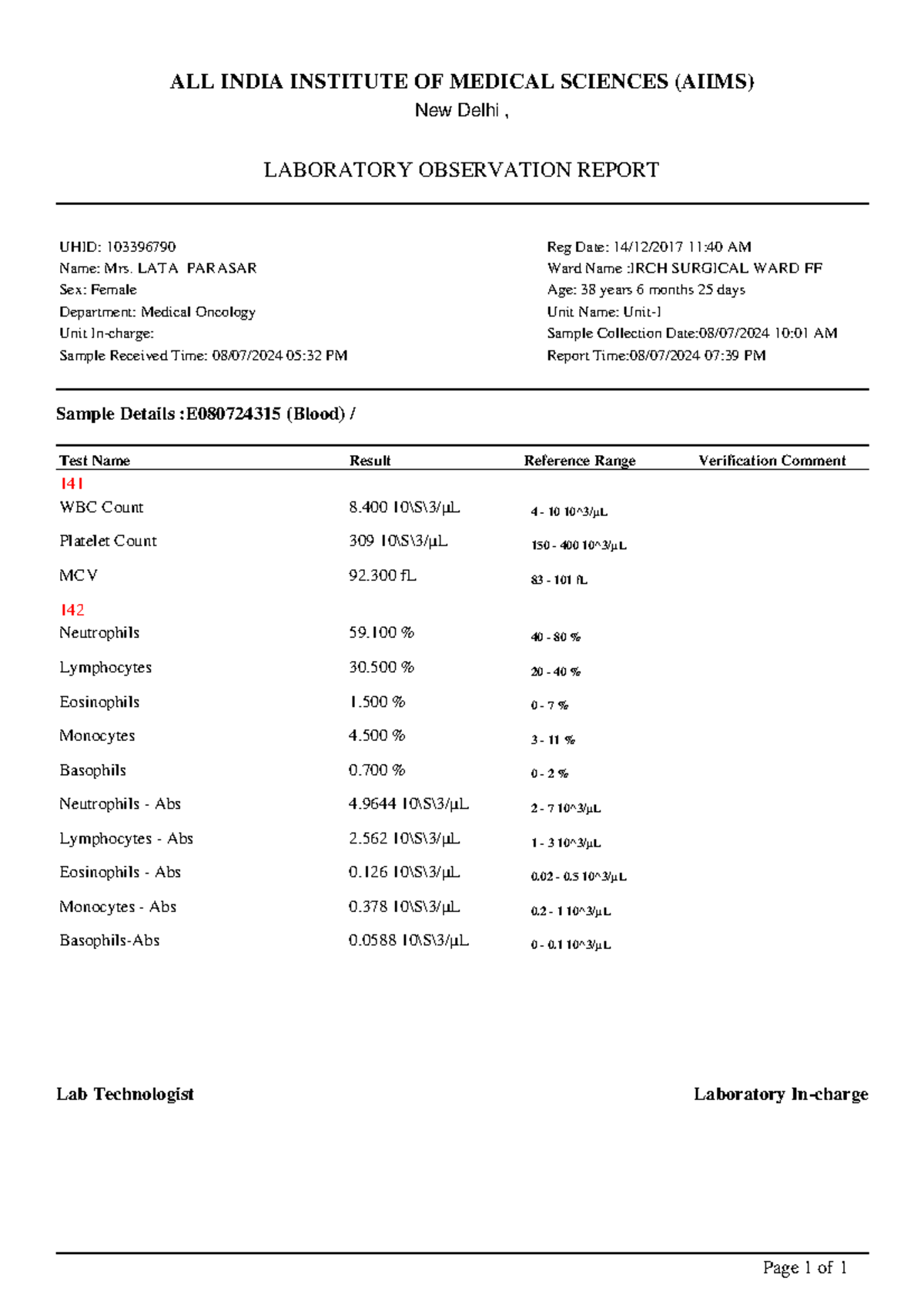 Svlt lab report details - ALL INDIA INSTITUTE OF MEDICAL SCIENCES ...