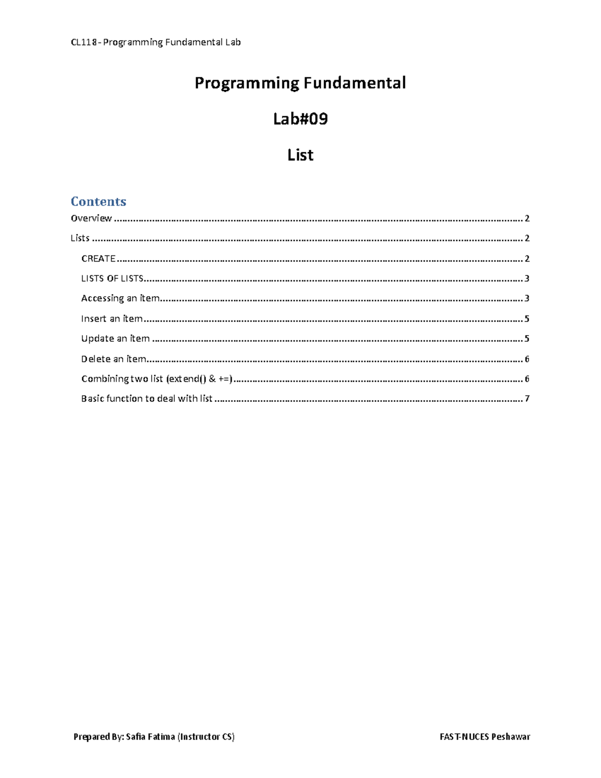 PFLab 09 - tasks - Programming Fundamental List - **Lab#** Overview ...